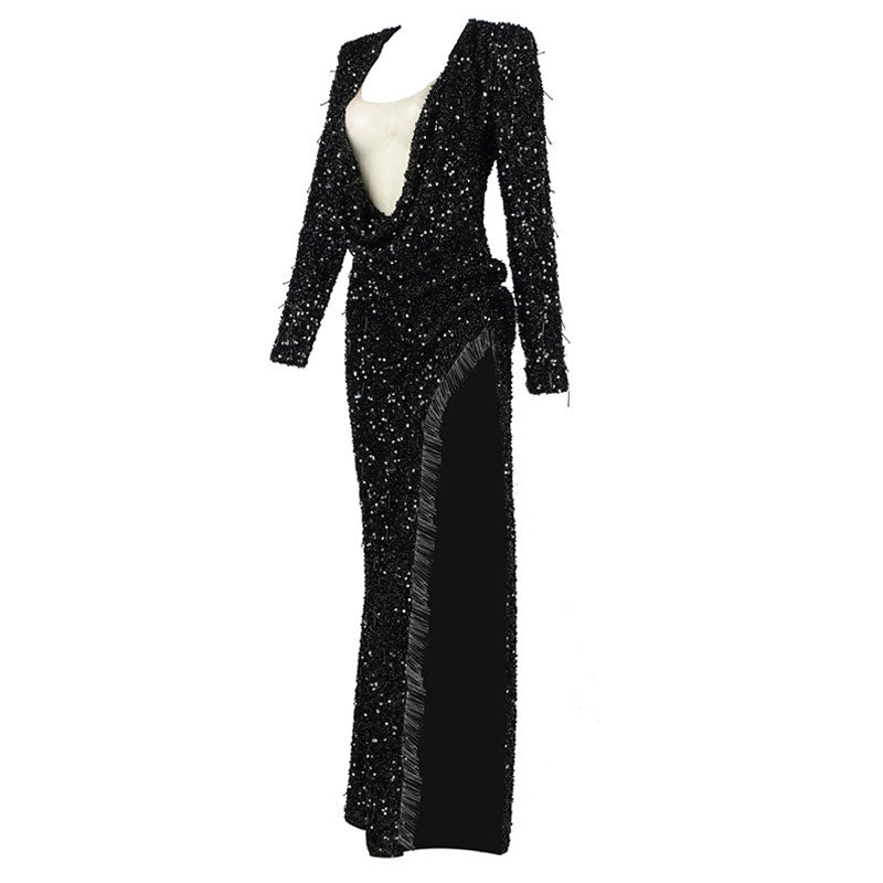 Sparkly Sequin Embellished Deep V Beaded Fringe High Split Maxi Evenin – Nsbua