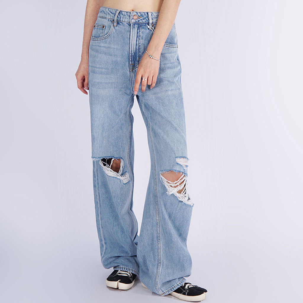 Trendy High Rise Fade Ripped Straight Wide Leg Jeans - Light Blue – NSBUA